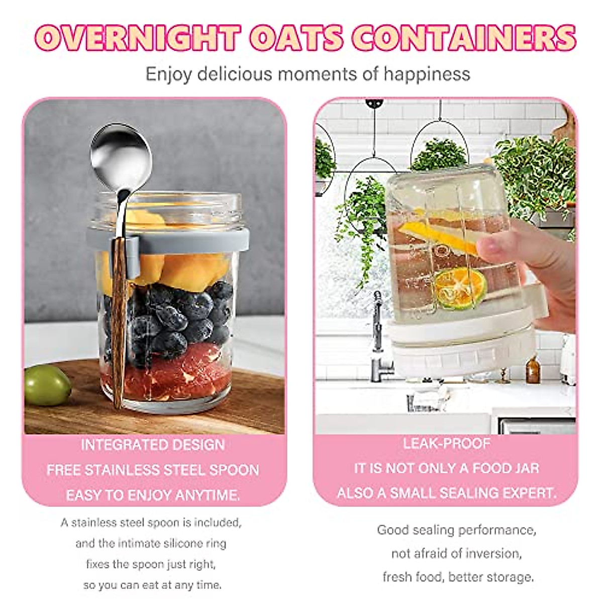 KISCVXE Overnight Oats Containers with Lids and Spoon,Overnight Oats Jars,10 Oz Cereal Dispenser,with Measurement Marks,Cereal, Milk, Vegetable Fruit Salad Storage Container 2PCS