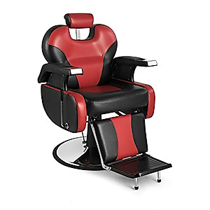 Salonsunny Black & Red Styling Salon Spa Reclining Chair All Purpose Barbering Chair Professional Vintage Heavy Duty Equipment
