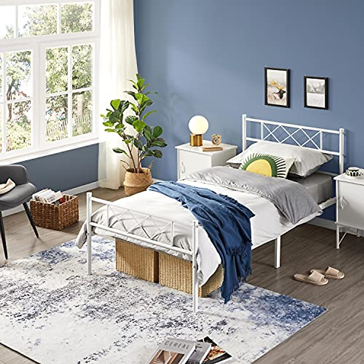 Yaheetech Metal Bed Frame Platform with Headboard and Footboard Mattress Foundation No Box Spring Needed Under Bed Storage Strong Slat Support Twin Size White