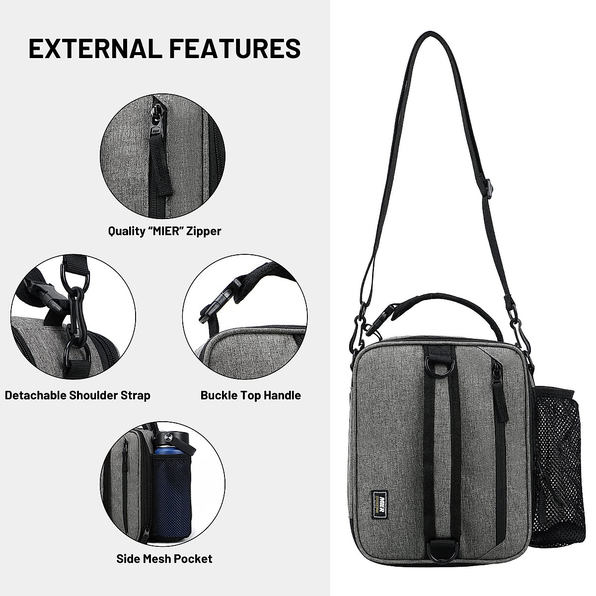 MIER Expandable Lunch Bag Insulated Lunch Box for Men to Work Travel Portable Lunchbox Bags with Shoulder Strap and Water Bottle Holder, Grey