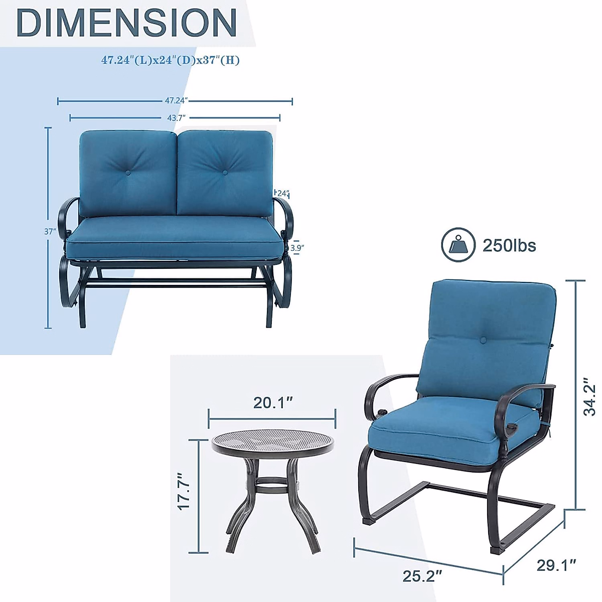 Incbruce 4Pcs Outdoor Metal Furniture Patio Conversation Sets (Glider, Bistro Table, 2 Spring Lounge Chairs) - Wrought Iron Outdoor Glider Chairs Sets (Peacock Blue)
