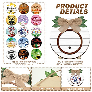 Geetery 17 Pieces Interchangeable Season Sign DIY Holiday Icons Decor with Wooden Easel Round Home Decorative with 15 Seasonal Icons Holiday Sign Set for Tabletop Fireplace Porch Decorations