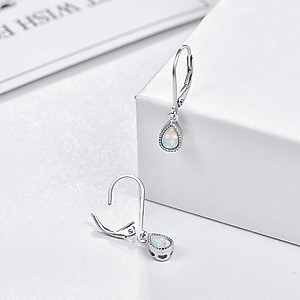 Teardrop Leverback Drop Dangly Safety Earrings, 925 Sterling Silver Opal Jewelry Valentine Gift for Women Girlfriend Daughter with Gift Box