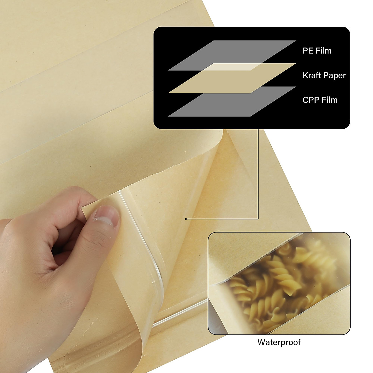 100 Packs Kraft Stand Up Paper Bags with Window(10" x 7") Resealable Bags for Small Business, Food, Sealable Treat Bags for Packaging,Snacks,Candy,Cornmeal,Coffee