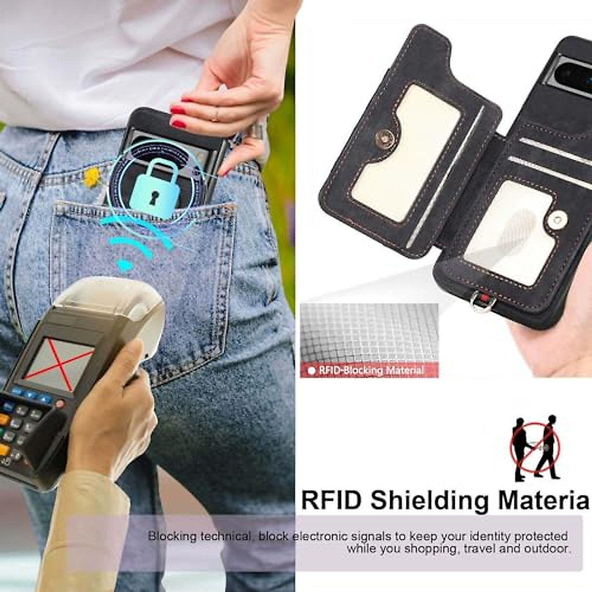 JanCalm Pixel 8 Pro Case, Flip Leather Wallet, RFID-Blocking, Ring Stand, Multiple Card Slots (Black, 6.7 Inches)