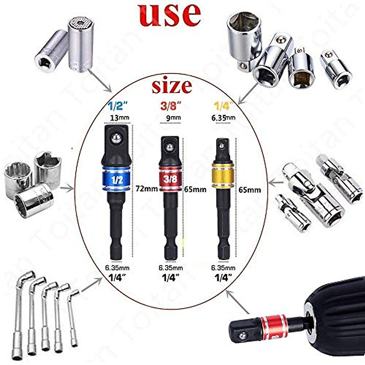 Newte Right Angle Drill Attachment, 4-in-1 Impact Drill Bit Extension, Joint Socket 1/4 3/8 1/2 In Hand Power Wrench Ratchet Drill Adapter/Extension Set Turns Power Drill Into High Speed Nut Driver