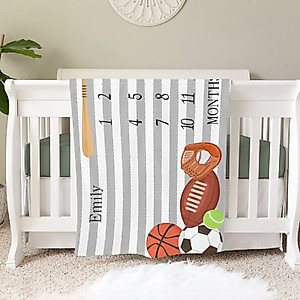 Yeshop Ball Sport Monthly Milestone Personalized Receiving Baby Blankets for Girls Boys Kids with Name,Customized Swaddle Blankets Gift for Newborn Crib Infants 30x40 Inches