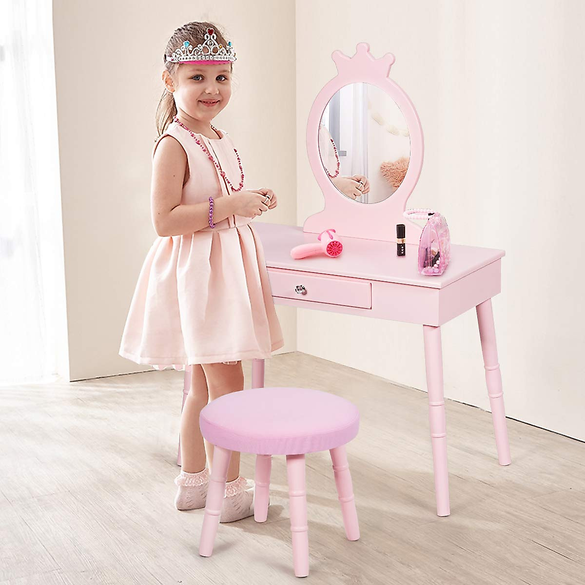 GOFLAME Kids Vanity Set, Princess Dressing Table Set, Wooden Dresser, Little Girls Makeup Table and Stool Set, Pretend Beauty Play Set with Real Mirror, Pull-Out Drawer and Cushioned Stool (Pink)