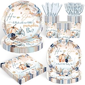 120PCS Autumn Pumpkin Gender Reveal Party Supplies for Boys or Girls Fall Baby Shower Pink Blue Watercolor Floral Tableware Set Cake Table Decor Thickened Disposable Plates Napkins Cups for 20 Guests