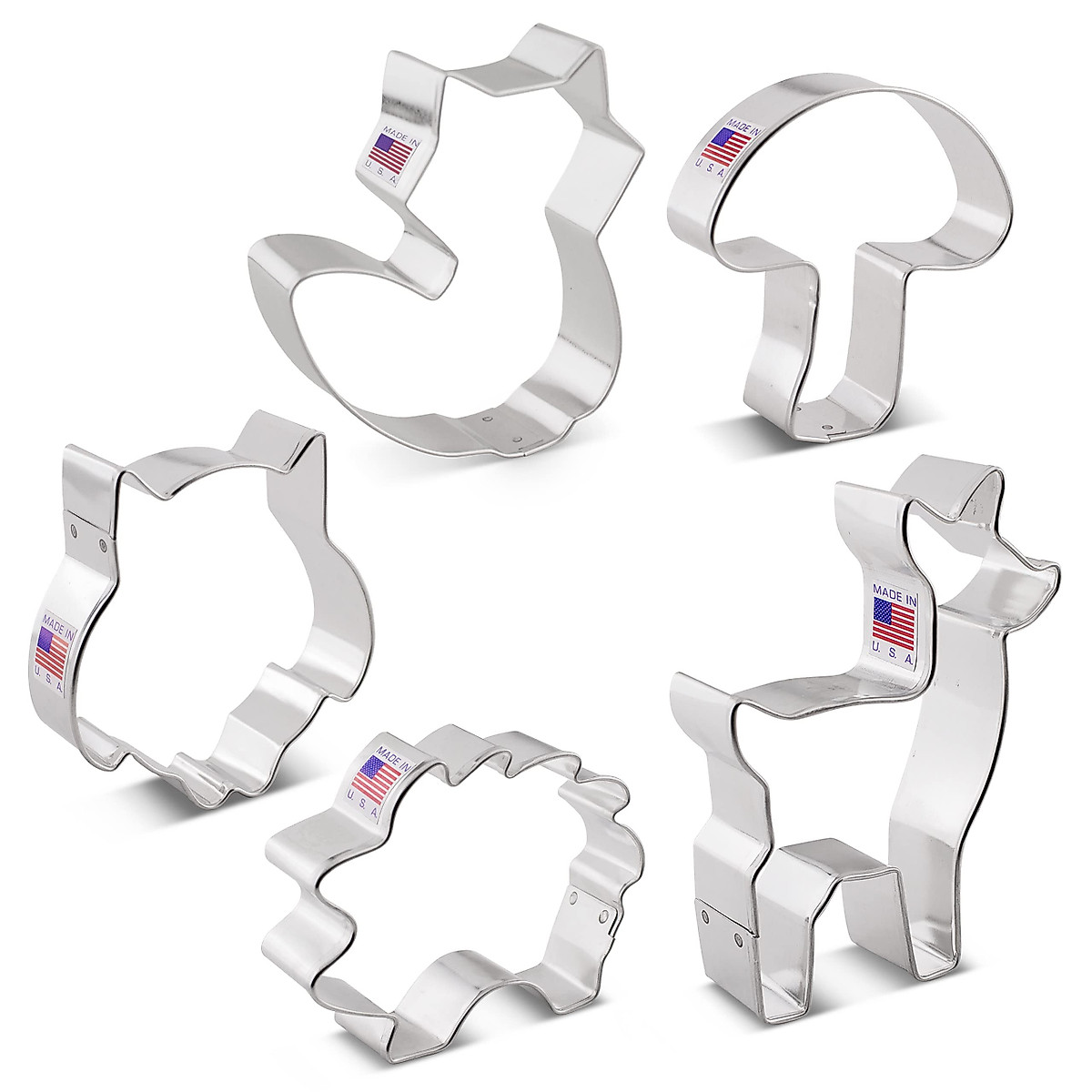 Woodland Cookie Cutters 5-Pc. Set Made in USA by Ann Clark, Fox, Deer, Owl, Hedgehog, Mushroom