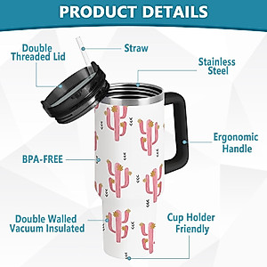 Yasala Car Tumbler with Handle Pinks Wild Cactus Travel Mug Coffee Cup Insulated Beverage Container Mega Cup for Hot Cold Drinking Thermos Water Bottle Cupholder Friendly 40 oz