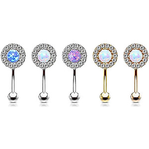 Prong Set Opal Center with CZ Paved Surrounding 316L Surgical Steel Eyebrow Rings/Curved Barbells (Rose Gold/Opal White)