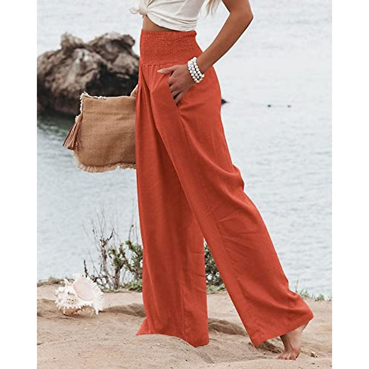 uSecee Linen Pants for Women Elastic High Waisted Wide Leg Palazzo Pants Casual Loose Long Lounge Pant Trousers with Pockets Orange