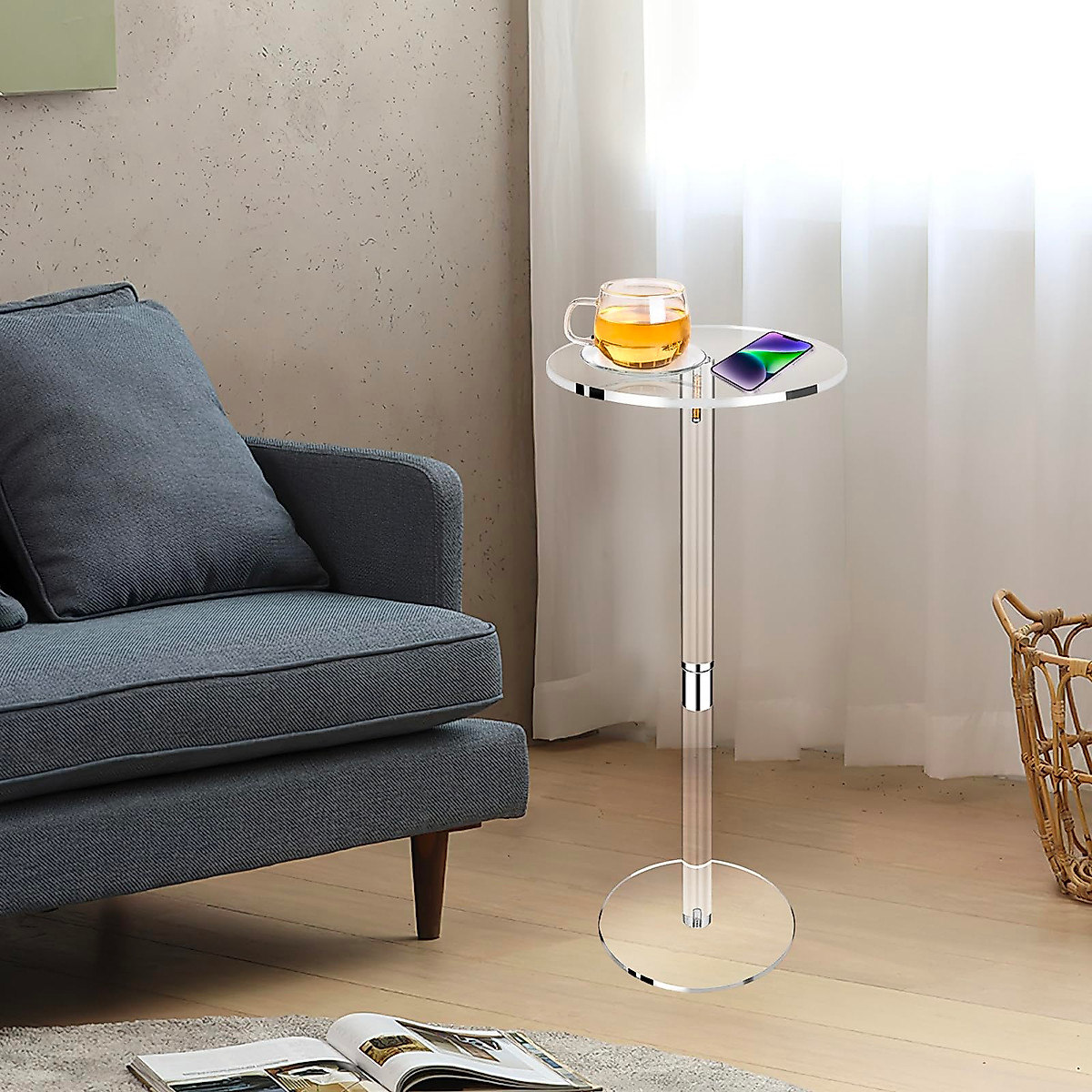 Cutora Acrylic Drink Table for Small Space 10" L x 10" W x 21.3" H Clear Side Table Round End Table Coffee Table Living Room Balcony Bedroom Bathroom Bar Easy Assembly