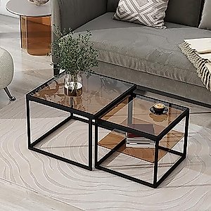 Modern Nested Coffee Table Set with High-Low Combination Design,Adjustable 2 Tier Living Room Center Table and end Table with Metal Frame and Brown Tempered Glass. (Black~Metal Frame)