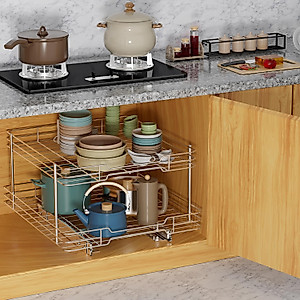 Lxmons 2 Tier Pull-out Cabinet Organizer, 20" W x 21" D Kitchen Under Sink Organizer, Slide Out Home Spice Rack Storage for Pots and Cans, Drawer Pantry Shelf Organization for Bathroom Base, Chrome