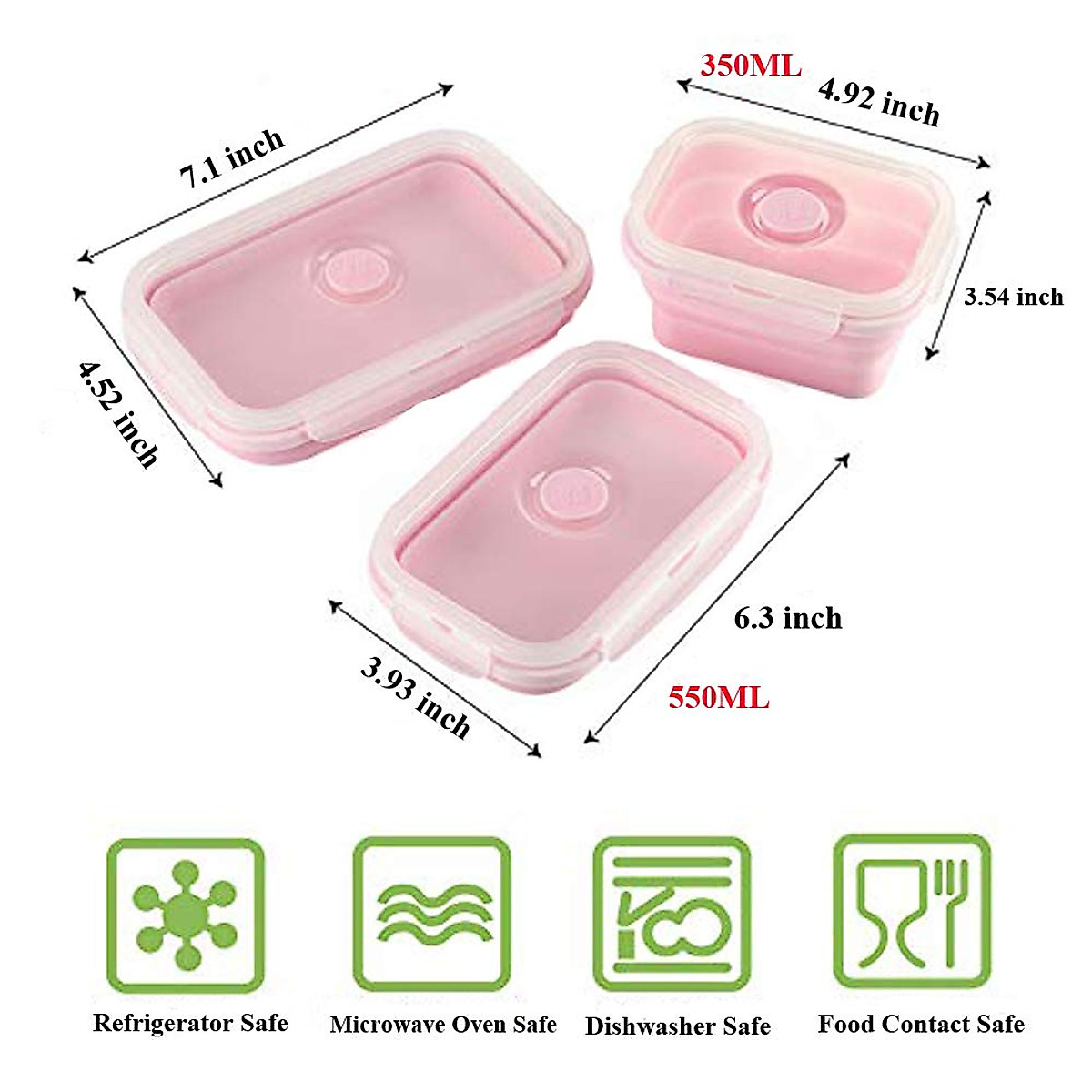 Keweis Silicone Lunch Box Bento Box, Collapsible Folding Food Storage Container with Lids, Kitchen Microwave Freezer and Dishwasher Safe, Set of 3, (Pink)