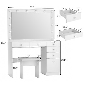 VOWNER Vanity with Lights - 43" Makeup Vanity Desk with Power Outlet, 5 Drawers and 1 Cabinet, 3 Color Lighting Modes with Adjustable Brightness,Makeup Desk with Stool for Women Girls, White