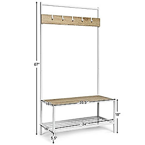 Tangkula Hall Tree with Bench and Shoe Storage, 3-In-1 Industrial Entryway Bench with Coat Rack, Wood Look Coat Rack Shoes Bench Storage Organizer for Home & Office, Coats/Hats/Shoes (Coffee)