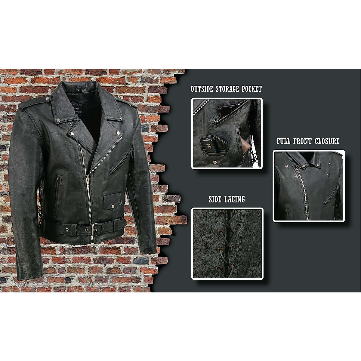 EVENT LEATHER EL5411 Men's Black Classic Side Lace Motorcycle Leather Jacket – Motorcycle Riding Jackets - X-Large