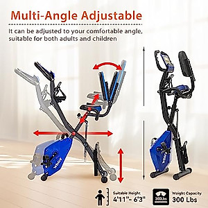 WHTOR Stationary Bike 4 in 1 Foldable Exercise Bike for Home with Pulse Sensor and 16 Level Adjustable Magnetic, Workout Cycling Upright Bike with Arm and Leg Resistance Band for Seniors