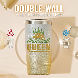Onebttl Pickleball Gifts for Women - Insulated 20oz Stainless Steel Travel Tumbler with Straw and Lid - Queen of the Pickleball Court