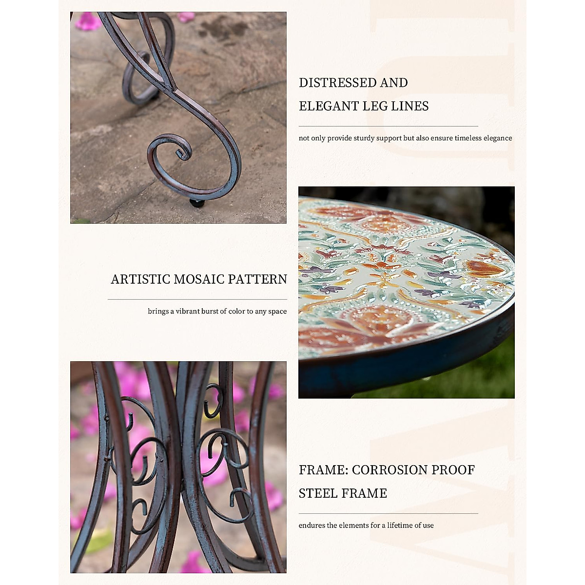 Frstem Mosaic Patio Table and Plant Stand, Outdoor Side Table for Patio with 14" Ceramic Tile Top, Weather Resistant Metal Round End Table Accent Table for Yard Porch Balcony Garden Bedside, Blossom