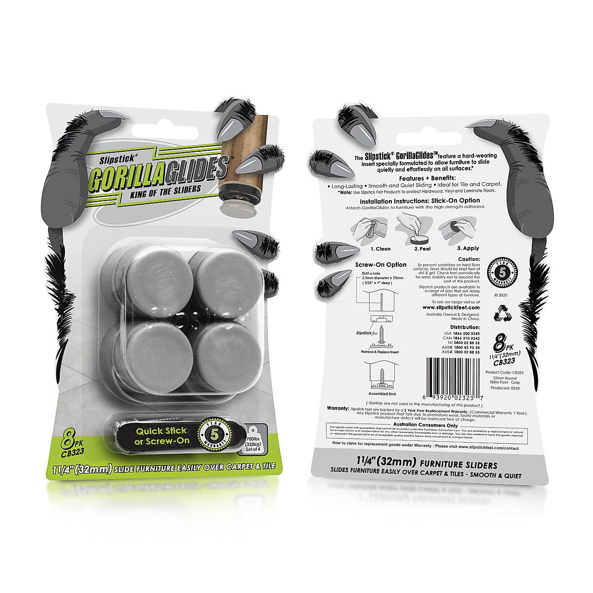 GorillaGlides CB323 1-1/4 Inch Furniture Sliders/Chair Glide Floor Protectors (Set of 8 Glides) Self-Adhesive Screw On Glides for Sliding on Carpet and Hard Surface Flooring, Round