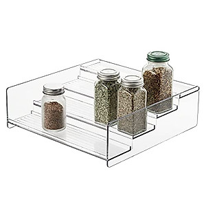 mDesign Plastic Kitchen Spice Bottle Rack Holder, Food Storage Organizer for Cabinet, Cupboard, Pantry, Shelf - Holds Spices, Jars, Baking Supplies, 4 Levels, 2 Pack - Ligne Collection - Clear