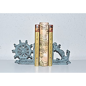 JUCONSIN Anchor Bookends, Antique Blue Nautical Ship Wheel and Anchor Decorative Bookends Set, Heavy Duty Cast Iron, Cute Bookends for Office Home Desk Bookrack Shelves