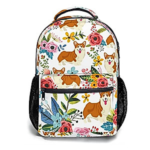 Cute Welsh Corgi Dog Backpack - Funny Puppy Backpacks for Kids Lovely Dogs with Spring Flowers Design Bookbag Travel Laptop Daypack School Book Bag for Girls Boys Teens