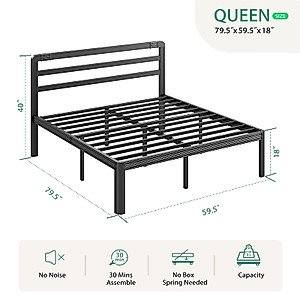 Askeld Queen Bed Frame with Headboard，18 Inch High Queen Size Bed Frame, Sturdy Noise-Free Metal Frame with Heavy Duty Slats, 4500 Lbs Weight Support for Mattress, No Box Spring Needed, Black