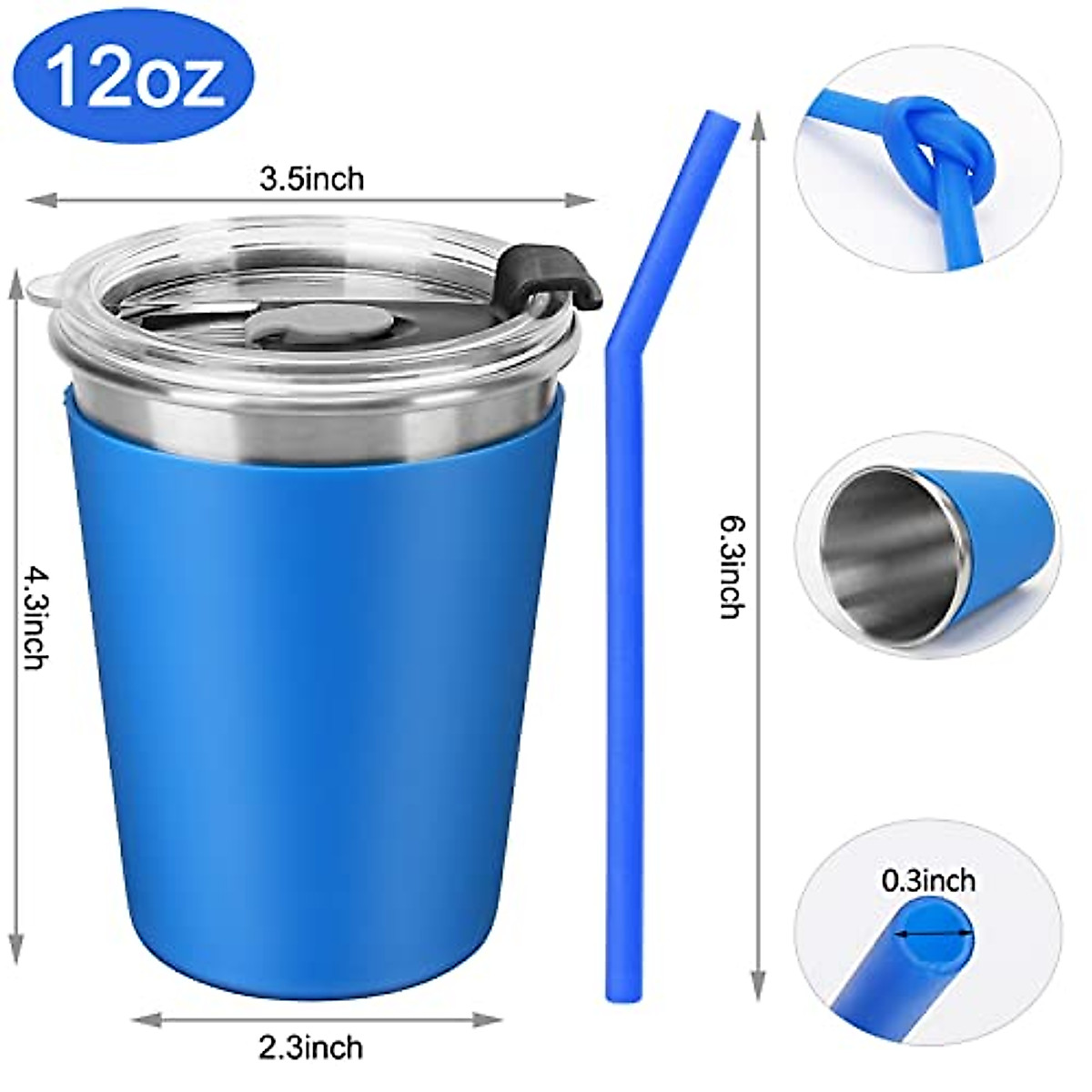 Kids Cups with Lids and Straws, 12oz Spill Proof Drinking Cups Stainless Steel Sippy Cups for Baby, Kids Tumblers with Straws and Lids Toddler Insulated Smoothie Cups Mugs for School, Outdoor, 5 Pack
