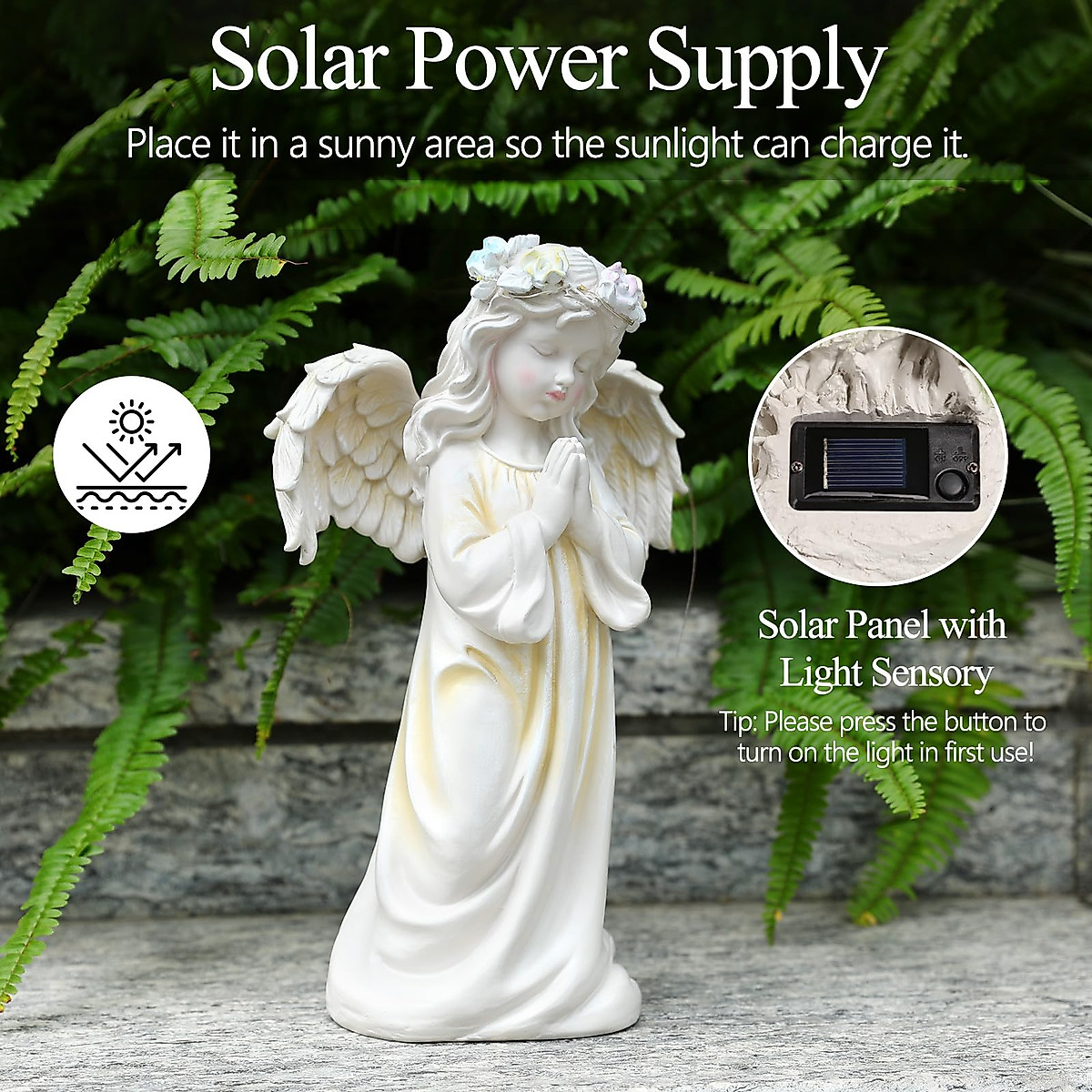 Kssiaz Angel Garden Statue,Memory Guardian Solar Garden Decor with Warm Light,Waterproof Outdoor Garden Decor Praying Angel Figurine Sculpture for Lawn Yard Patio,Sympathy Gift,White