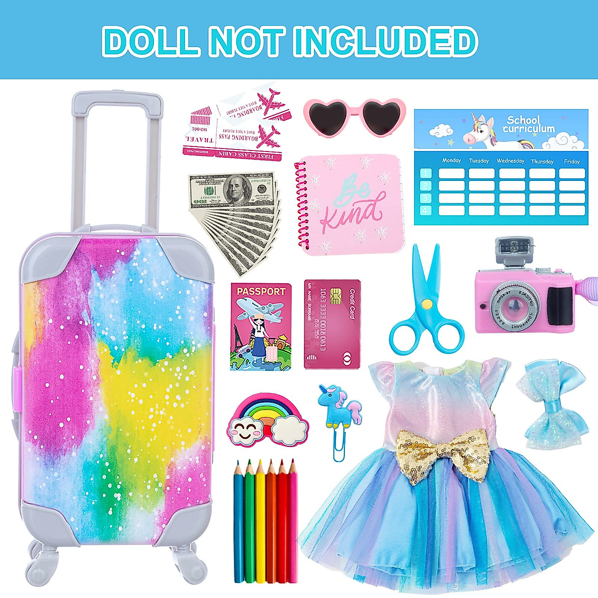 XFEYUE 32 pcs American Doll Clothes and Accessories 18 Inch Doll Luggage and School Play Set - Suitcase, School Sets, Camera, Handbag, Sungalsses, Fit 18 inch Doll