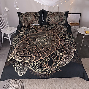 Sleepwish Gold Black Tortoise Bedding 3D Printed Golden Duvet Cover Turtle Floral Pattern Funky Duvet Cover Bedspread Quilt Cover (Queen)