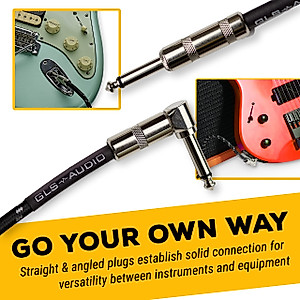 GLS Audio Instrument Cable - Amp Cord for Bass & Electric Guitar - Straight to Right Angle 1/4 Inch Instrument Cable - Black/Grey Braided Tweed, 10ft