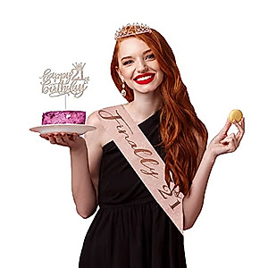 Trgowaul 21st Birthday Decorations for her, Rose Gold 21 Birthday Banner, Tablecloth, 21st Birthday Sash and Crown, 1PC 21st Cake Topper, Pink 21 Number Balloons Happy 21 Birthday Decorations Women