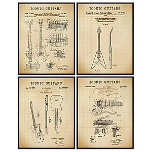 Famous Guitar Patent Art Prints - Vintage Wall Art Poster Set - Chic Home Decor for Bedroom, Living Room, Dorm, Man Cave - Great Gift for Musicians, Guitar Fans- 8x10 Photos set - Unframed