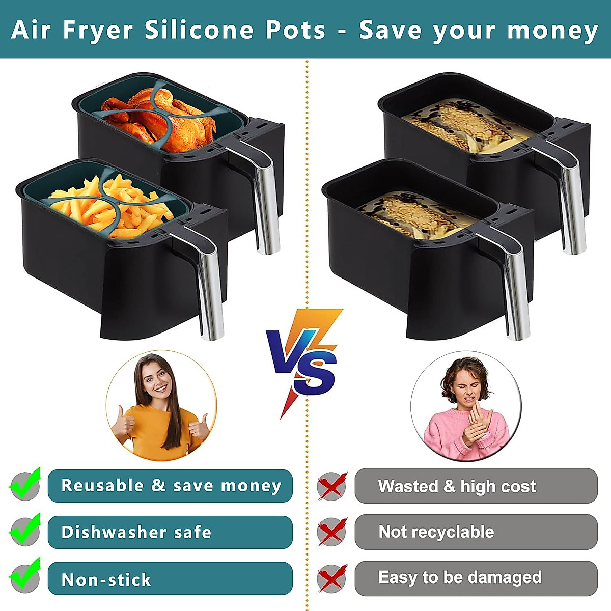 Air Fryer Liner - Ninja Air Fryer 2 Baskets, Reusable Air Fryer Liner for Ninja Foodi Dual DZ201 8QT, Rectangular Air Fryer Silicone Pan for Air Fryer Accessories, Extended Hand Drawer (Dark Green)