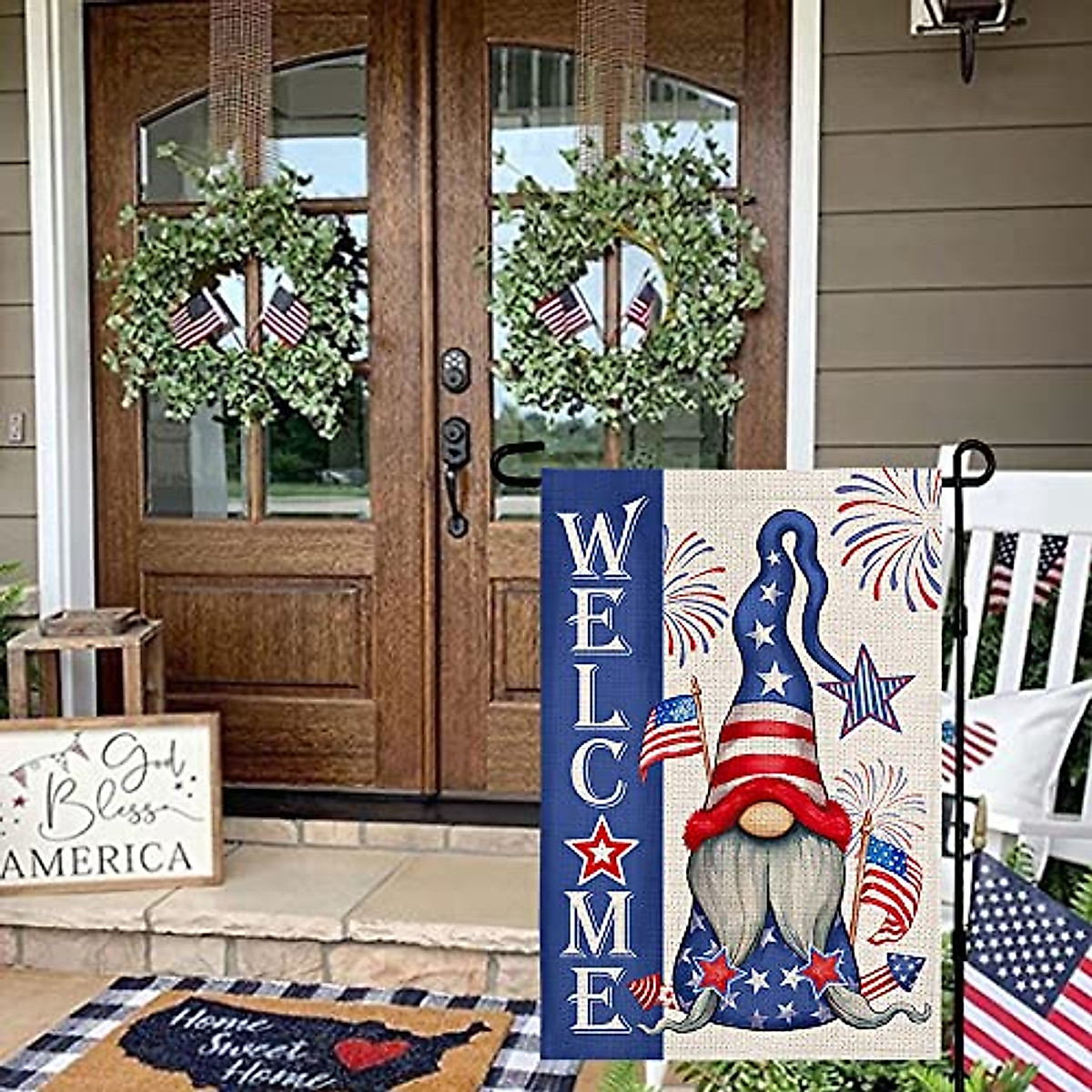 CROWNED BEAUTY 4th of July Patrioctic USA Blue Gnome Garden Flag 12x18 Inch Double Sided Memorial Independence Day Outside Yard Party Decoration