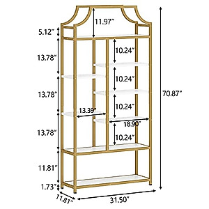 Loomie 8-Open Shelf Bookshelf, 70.87" H x 31.5" L Lux Etagere Bookcase, Tall Storage Display Modern Open Book Case for Bedroom, Home Office & Living Room, Gold Finish Metal Frame & White Shelving