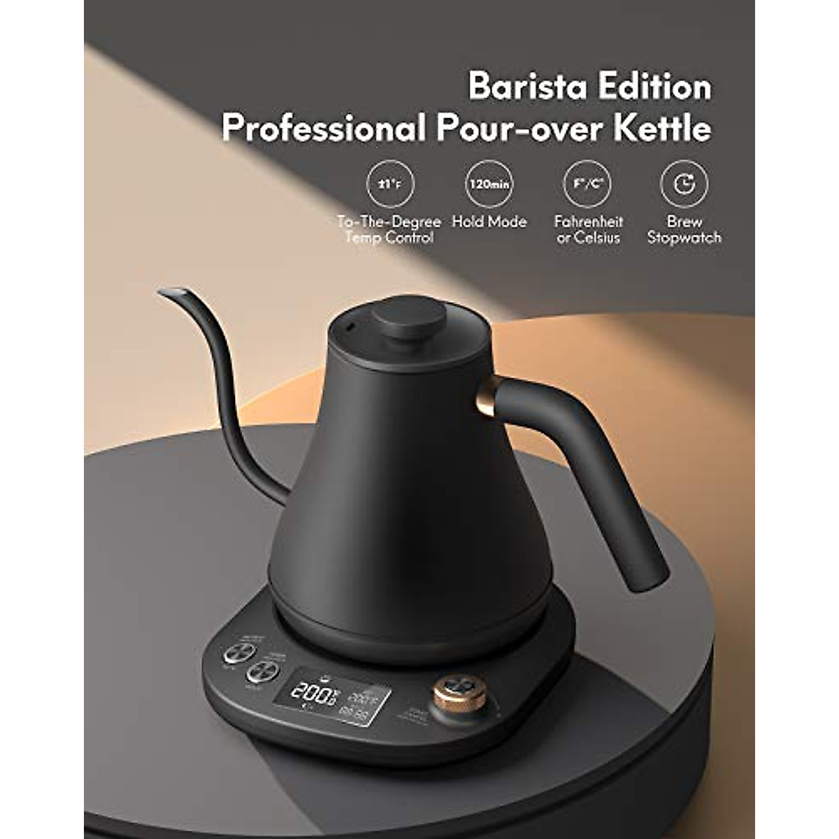Gooseneck Kettle Temperature Control, Pour Over Electric Kettle for Coffee and Tea, 100% Stainless Steel Inner, 1200W Rapid Heating, 0.8L, Built-in Stopwatch, Matte Black