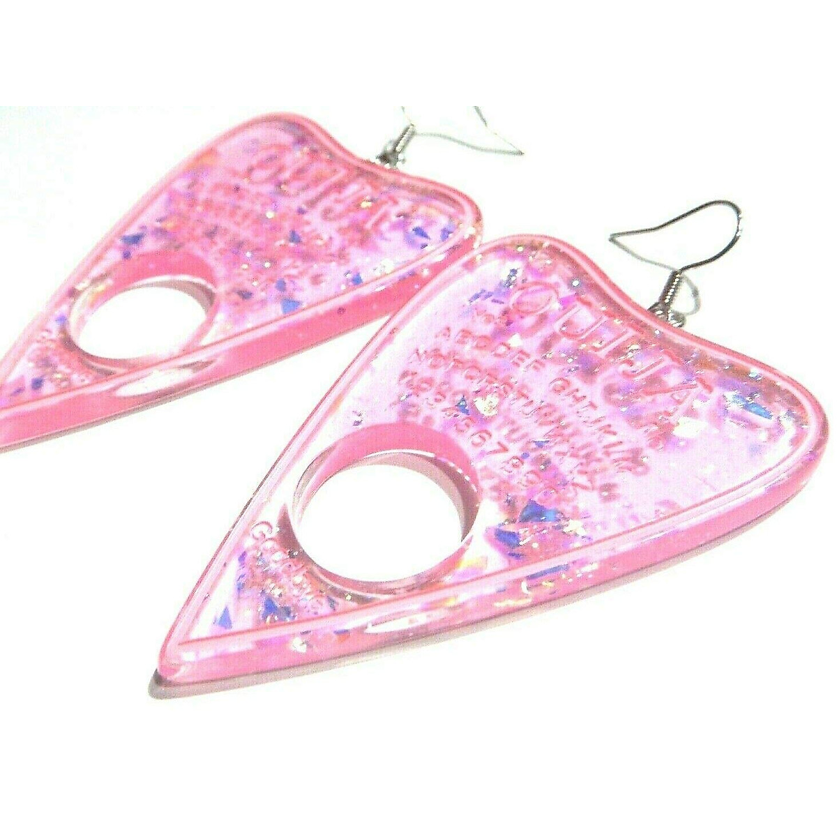 Pink Translucent Holographic Ouija Board Planchette Earrings on Hypoallergenic Ear Hooks- Pastel Goth