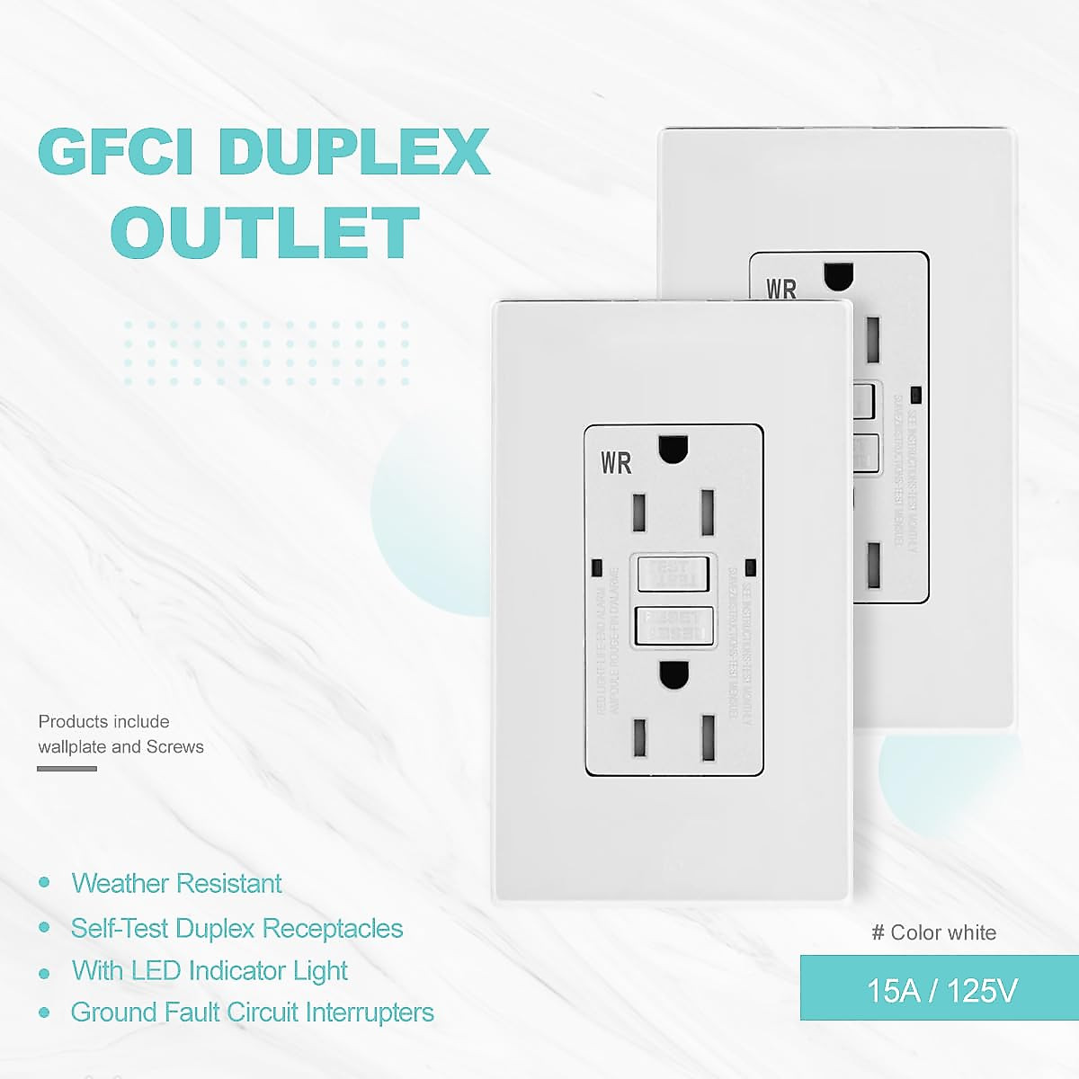 Micmi GFCI Outlet WR Weather Resistant Tamper Resistant TR Receptacle Self-Test with LED Indicator, 15Amp 125 Volt Screwless Wallplate Included ETL Listed (6Pack, White)