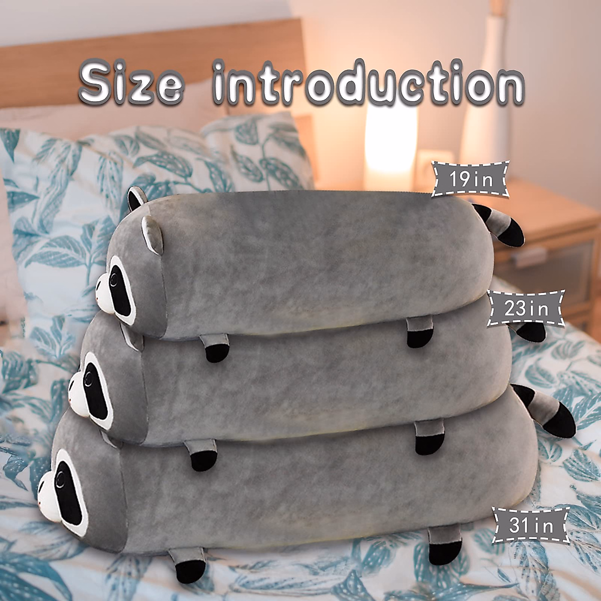 JIEBEI Cute Raccoon Plush Pillow, Raccoon Stuffed Animals, Soft Kawaii Plushies Cuddle Pillow, Cute Plushies Birthday Gifts for Kids (Raccoon,19 inch)