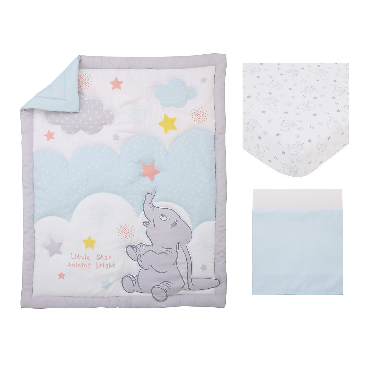 Disney Dumbo - Shine Bright Little Star Aqua, Grey, Yellow and Orange 3 Piece Nursery Crib Bedding Set - Comforter, Fitted Crib Sheet, Dust Ruffle