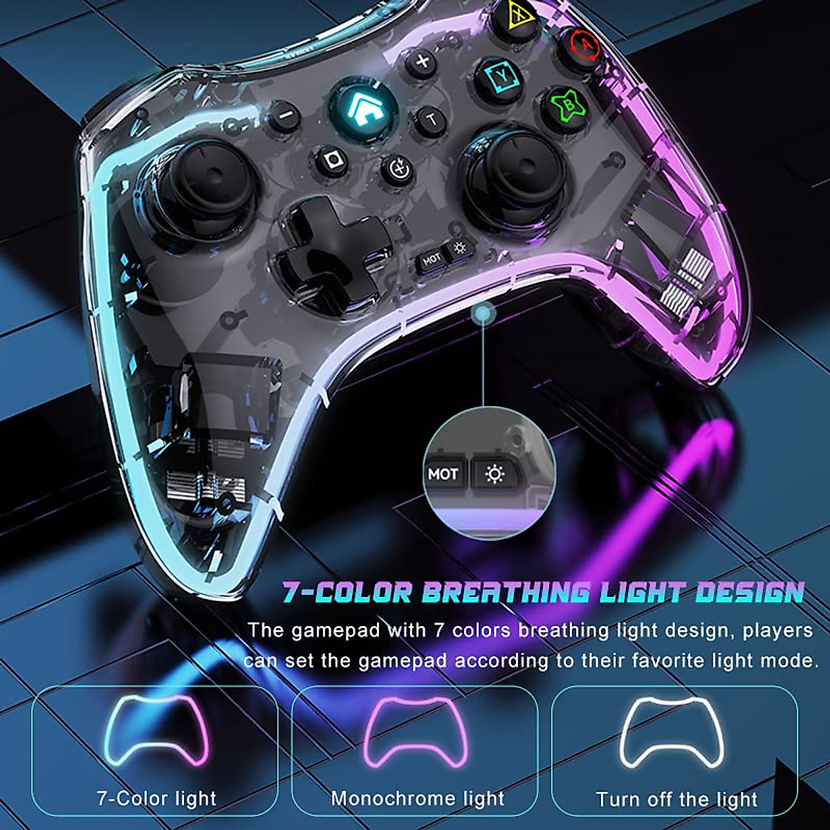Joso Mobile Gaming Controller for iPhone/Android/PC/PS4 with RGB, Wireless Switch Controller with 6-Axis Gyro/Dual Vibration/Customized Buttons/Turbo, Transparent Mobile Gamepad with Phone Holder