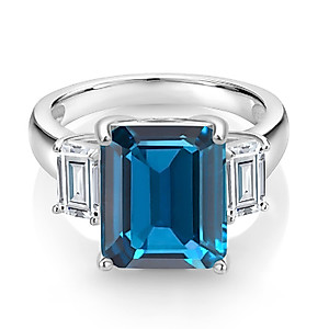 Gem Stone King 925 Sterling Silver Emerald Cut London Blue Topaz and White Moissanite 3 Stone Ring For Women (8.64 Cttw, Gemstone Birthstone, Available In Size 5, 6, 7, 8, 9)
