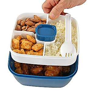 Home-X Section Lunch Box, Lunch Containers for Kids and Adults, Multi-Compartment Food Box, Salad Dressing Container, Spork, 6 ¾" L x 6 ¾" W x 4 ¾" H, Blue